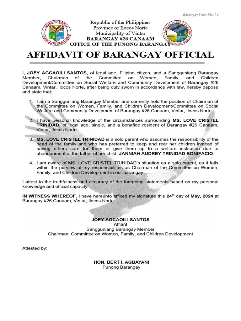 Form #13 - Affidavit of Barangay Official (Unwed Solo Parent) | PDF