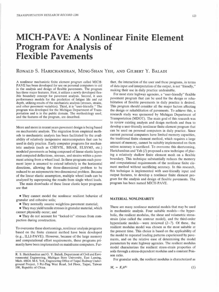 MICH-PA VE: A Nonlinear Finite Element Program For Analysis of Flexible Pavements | PDF | Young ...