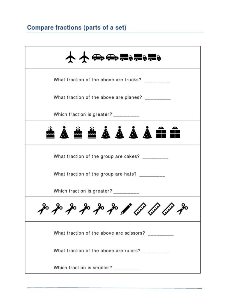 Compare Fractions of Sets Worksheet | PDF