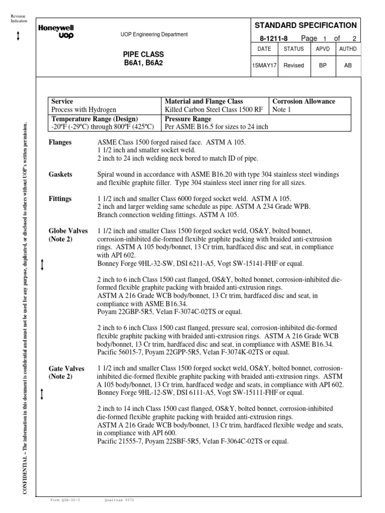 UOP Pipe Class B6A1/B6A2 Specifications | PDF | Pipe (Fluid Conveyance ...