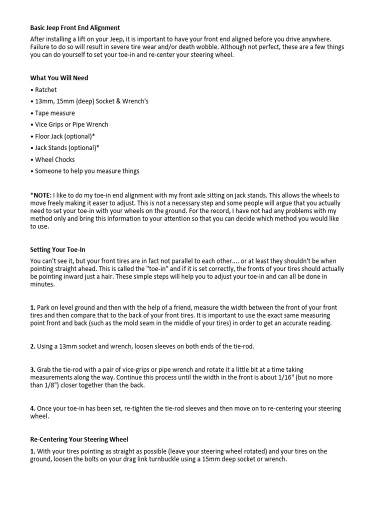 Basic Jeep Front End Alignment | PDF | Neumático | Tecnologías automotrices