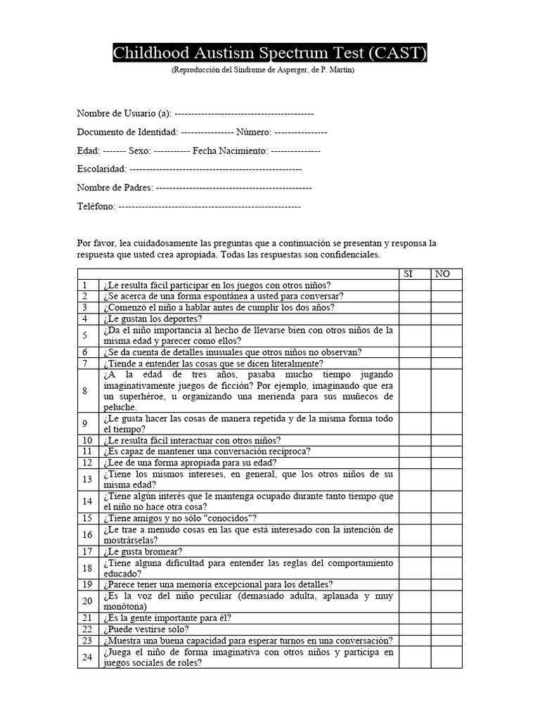 Test Infantil Del Síndrome de Asperger CAST | PDF | Espectro autista ...
