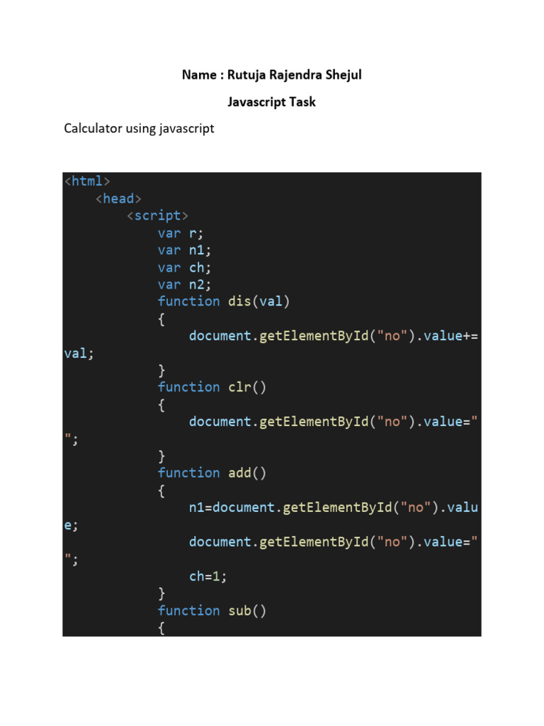 Caculator Js Task Rutuja Shejul | PDF | Java Script | Computer Programming