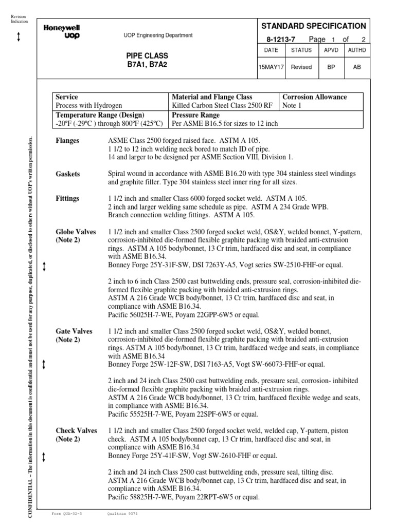 UOP Engineering Pipe Class B7A1/B7A2 Specs | PDF | Pipe (Fluid ...