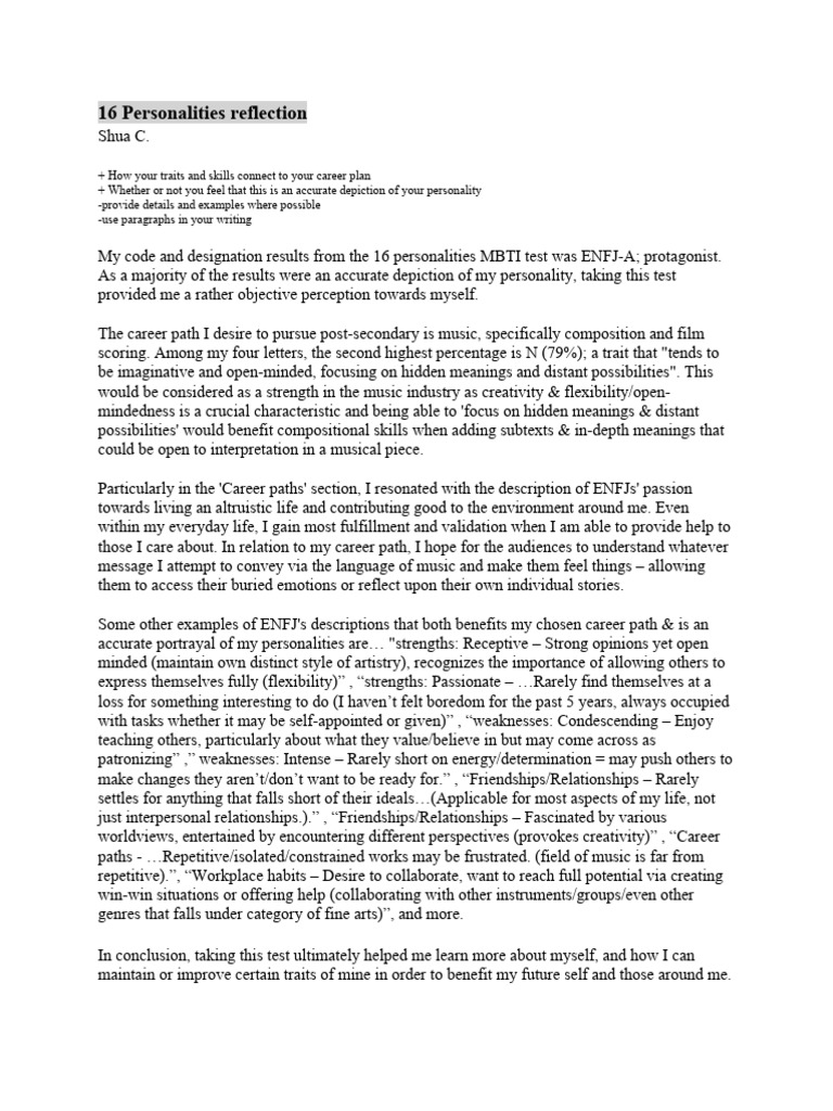 16 Personalities Reflection Writeup - Shua C | PDF | Creativity ...