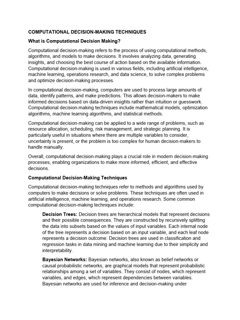 Computational Decision Making Techniques | PDF | Bayesian Network | Machine Learning