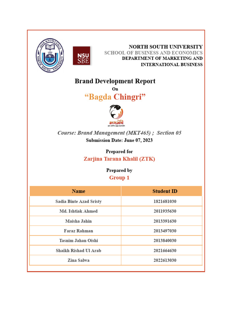 MKT465.5 - Group 1 - Report On Bagda Chingri 2 | PDF | Brand | Marketing