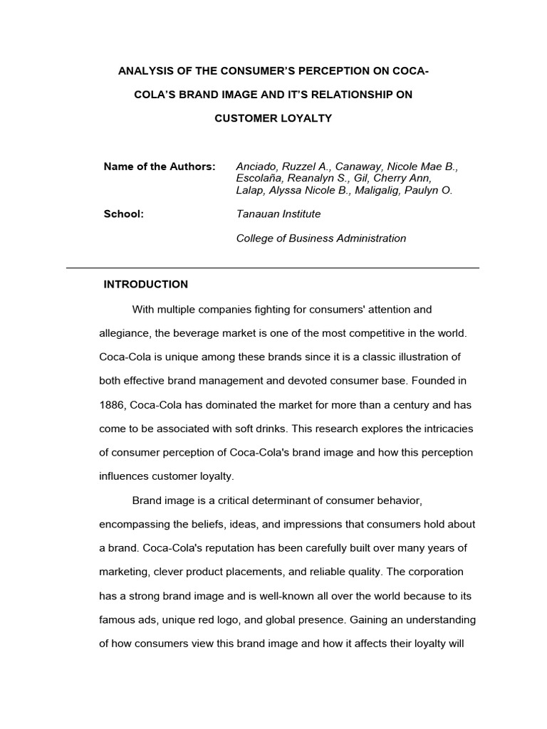 Analysis of The Consumer 'S Percetion On Coca-Cola's Brand Image and ...