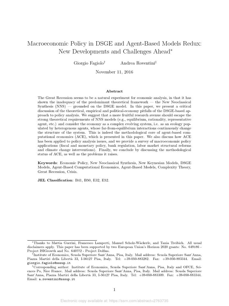 G Fagiolo 2018 Macroeconomic Policy In Dsge And Agent Based Models