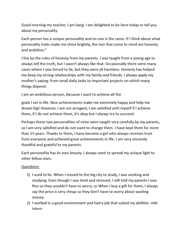 My Personality: Honesty and Ambition | PDF