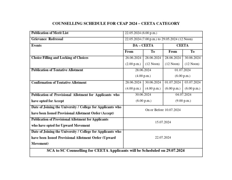 CEAP 2024 Counselling Schedule CEETA | PDF