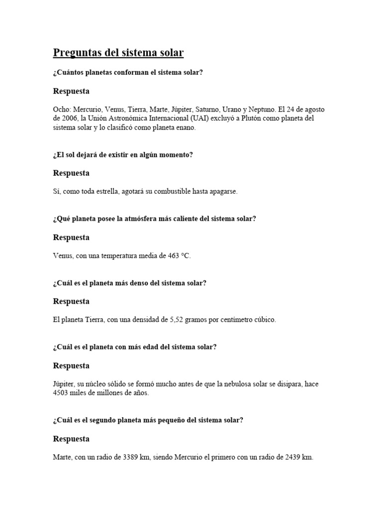 Preguntas Del Sistema Solar | Descargar gratis PDF | Sistema solar ...