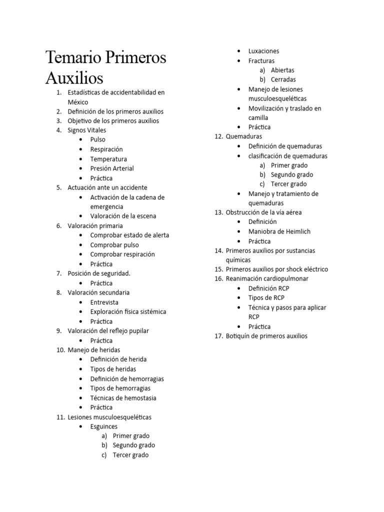 Temario Primeros Auxilios | PDF | Primeros auxilios | Reanimación cardiopulmonar
