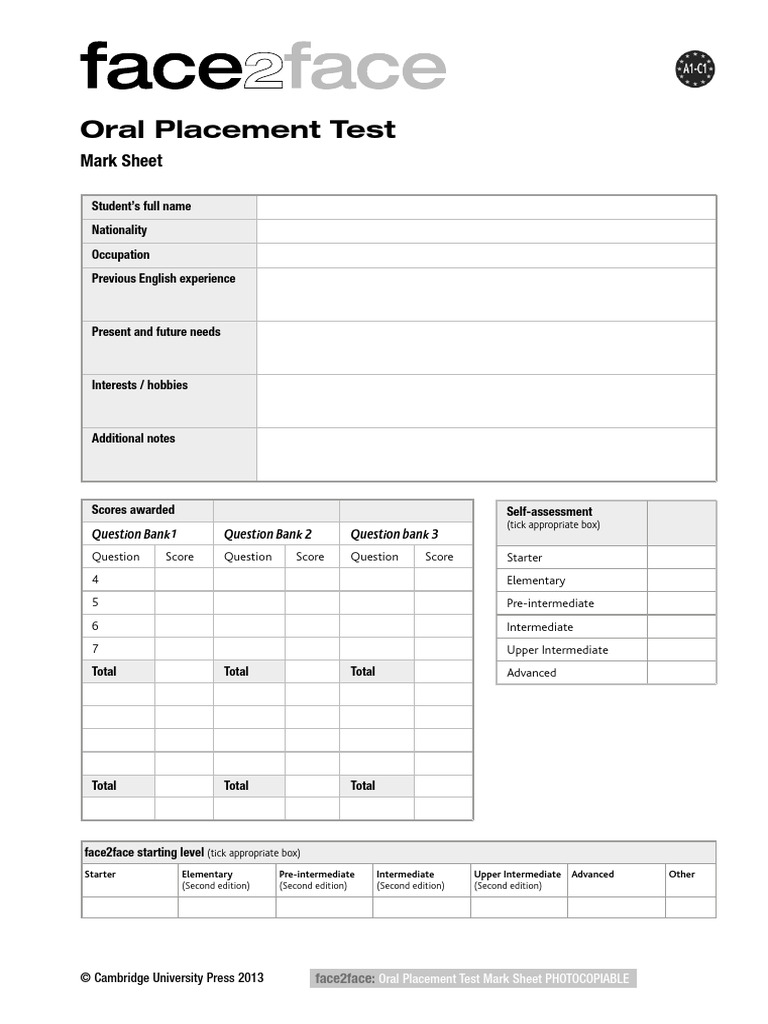Oral Placement Test Mark Sheet | PDF