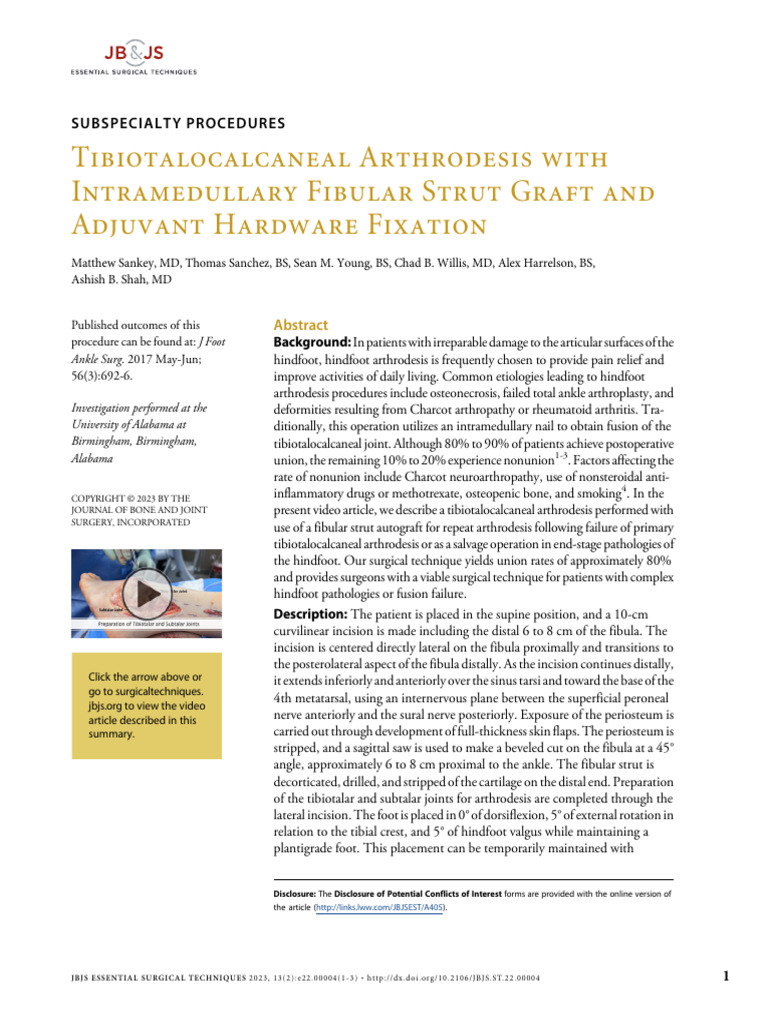 Tibiotalocalcaneal Arthrodesis With Intramedullary Fibular Strut Graft ...