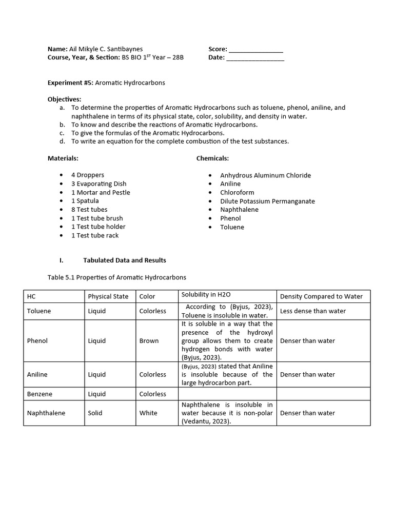 Act 5 Lab Aromatic HC Final | PDF | Benzene | Toluene