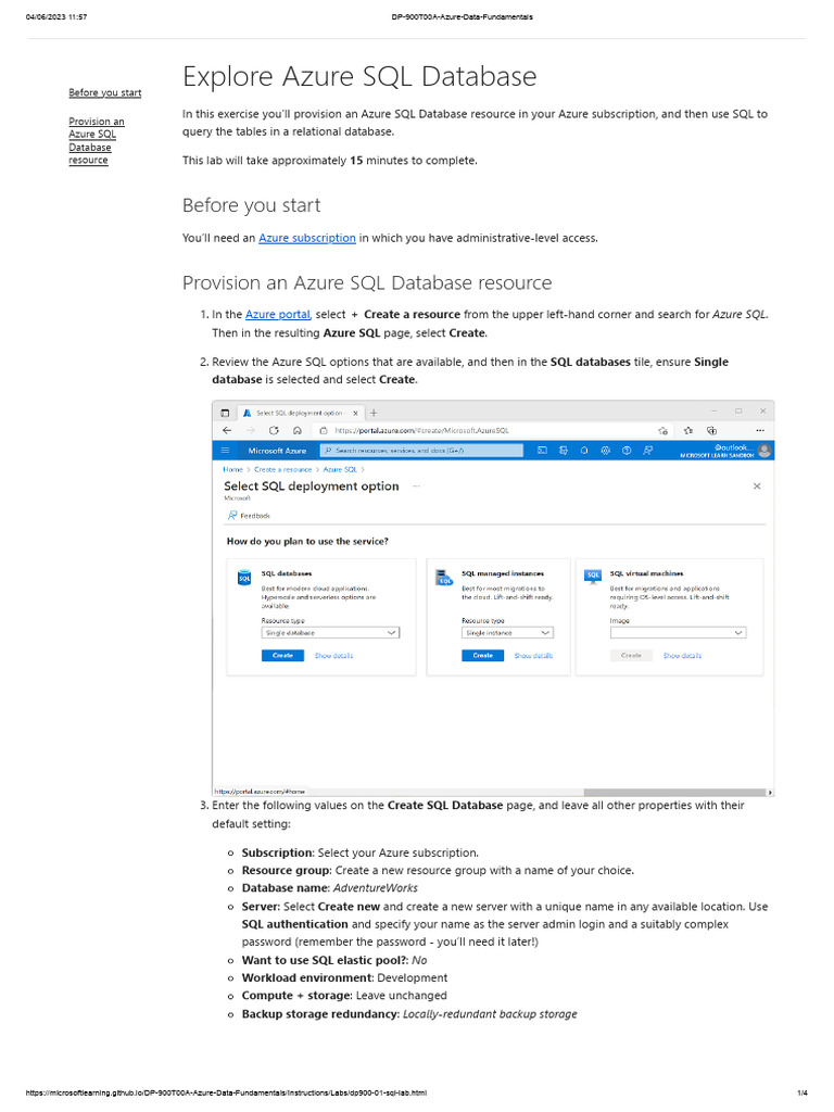 TP01 - DP-900 - Explore Azure SQL Database | PDF | Databases | Computing