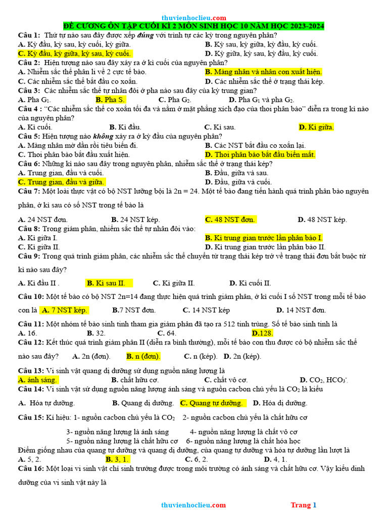 De Cuong On Tap HK2 Sinh 10 KNTT Nam 23 24 | PDF