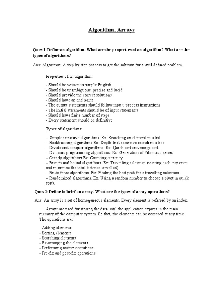 Algorithm Arrays Ques 1define An Algorithm What Are The Properties Of An Algorithm What Are 5282
