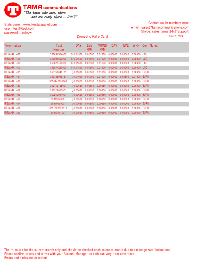 Domestic Ratecard | PDF