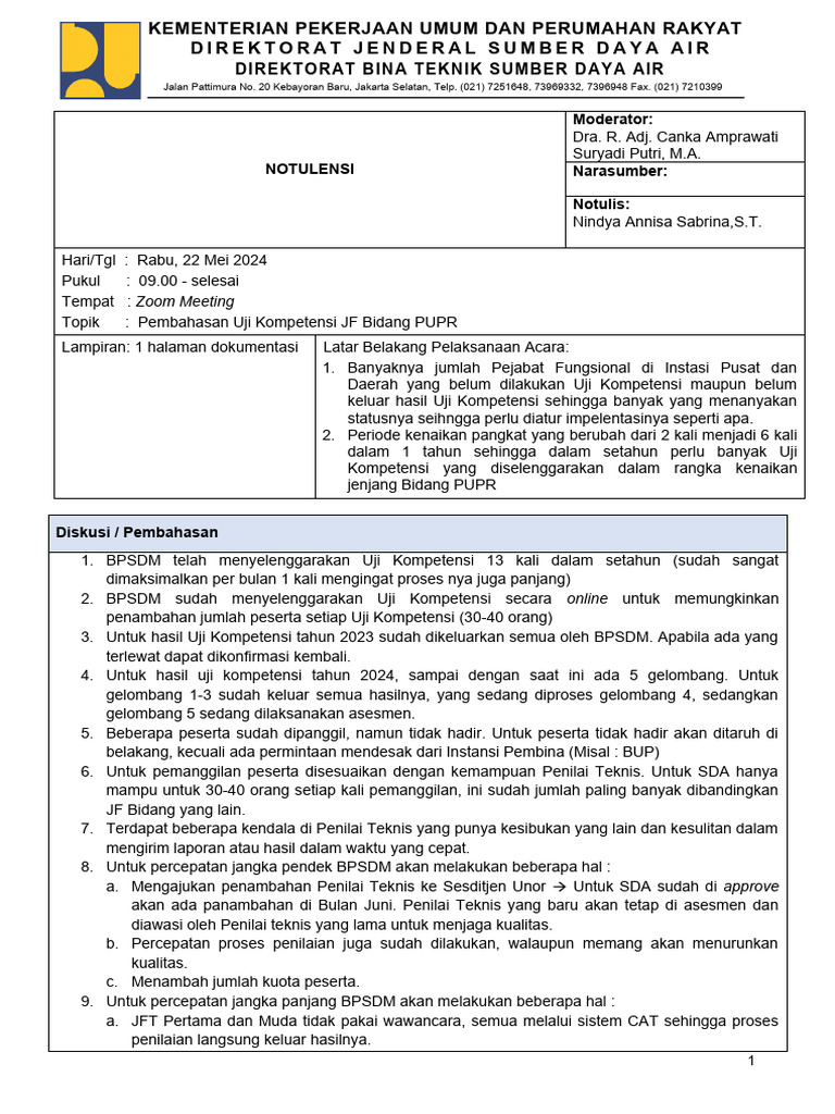 Notulensi Pembahasan Uji Kompetensi JF Bidang PUPR | PDF