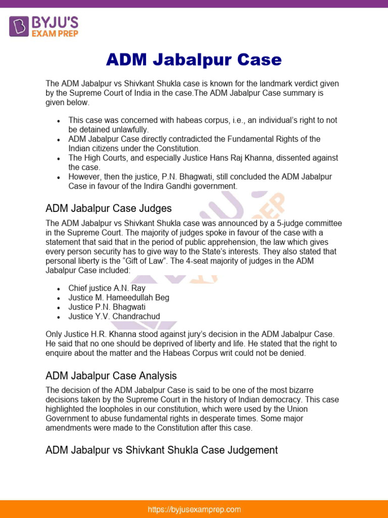 ADM Jabalpur Case Overview and Impact | PDF | Constitutional Law ...