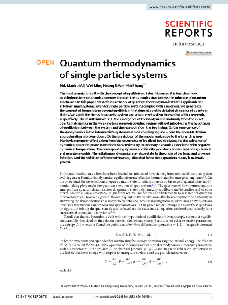 Quantum Thermodynamics of Single Particle Systems: Md. Manirul Ali, Wei Ming Huang & Wei Min ...