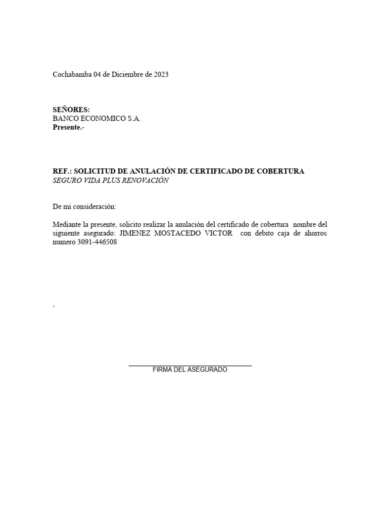 Carta para Anulacion de Seguros Masivos | PDF