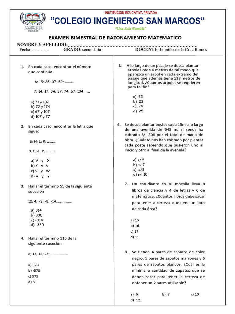 Examen Bimestral RM 3 y 4to Sec | PDF