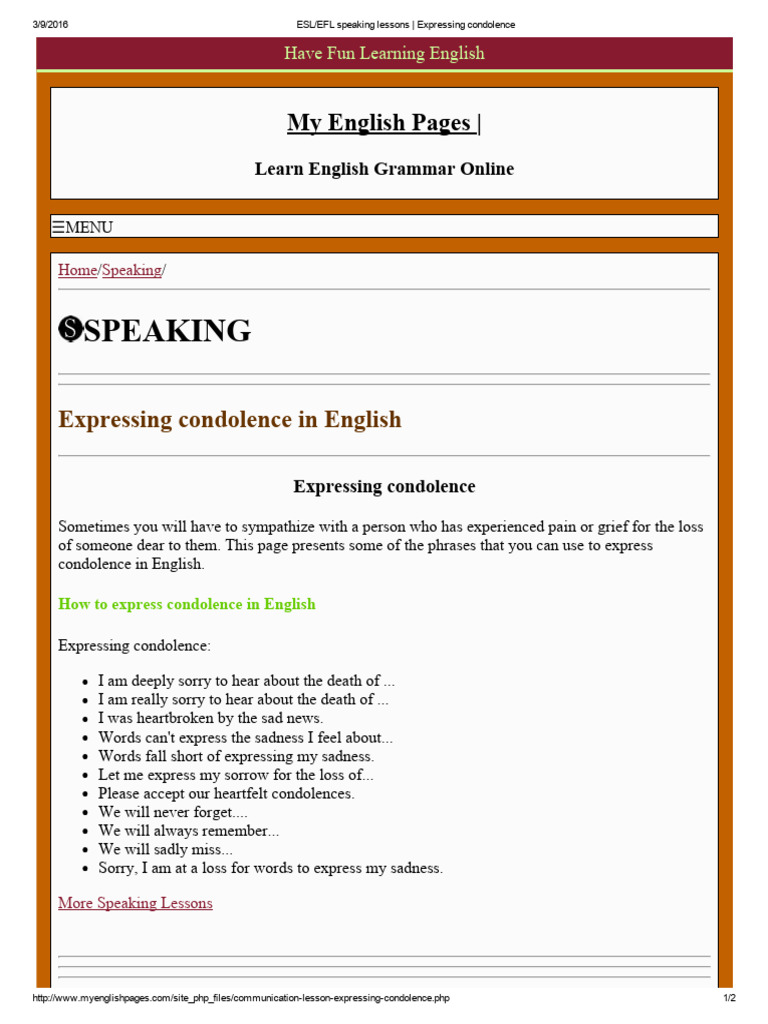 ESL - EFL Speaking Lessons - Expressing Condolence | PDF | English As A ...