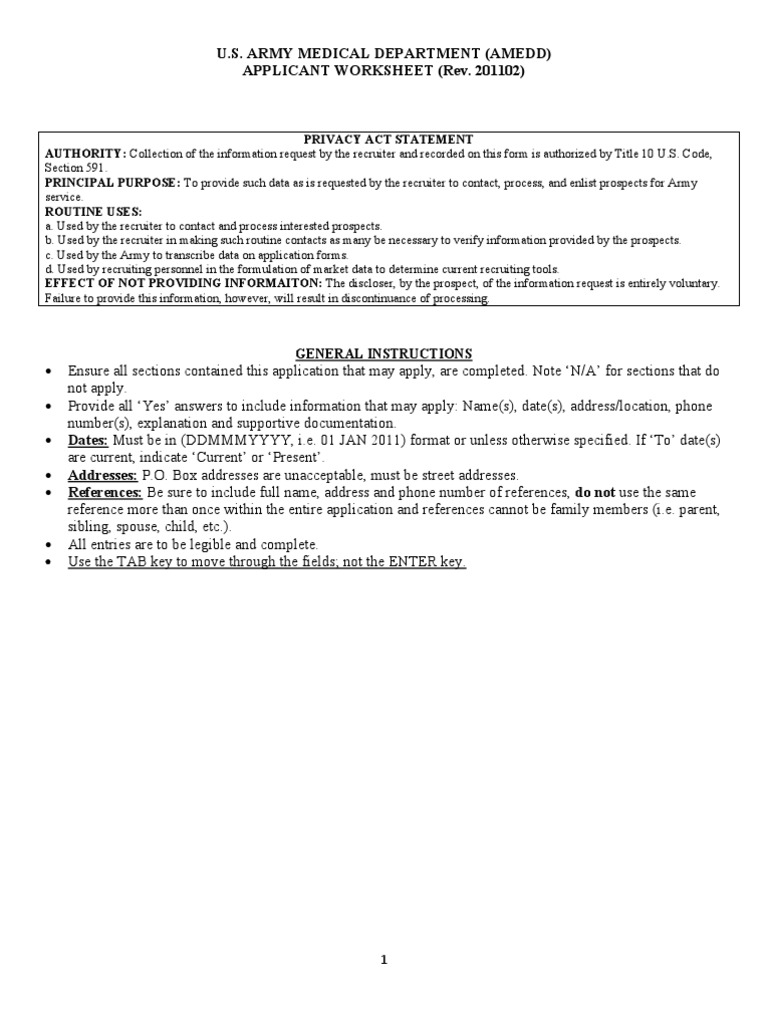 AMEDD Applicant Worksheet Guide | PDF | Military Discharge | Officer ...