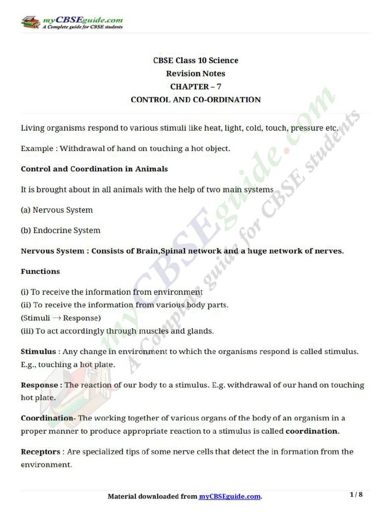 10 Science Notes 07 Control and Coordination 1 | PDF