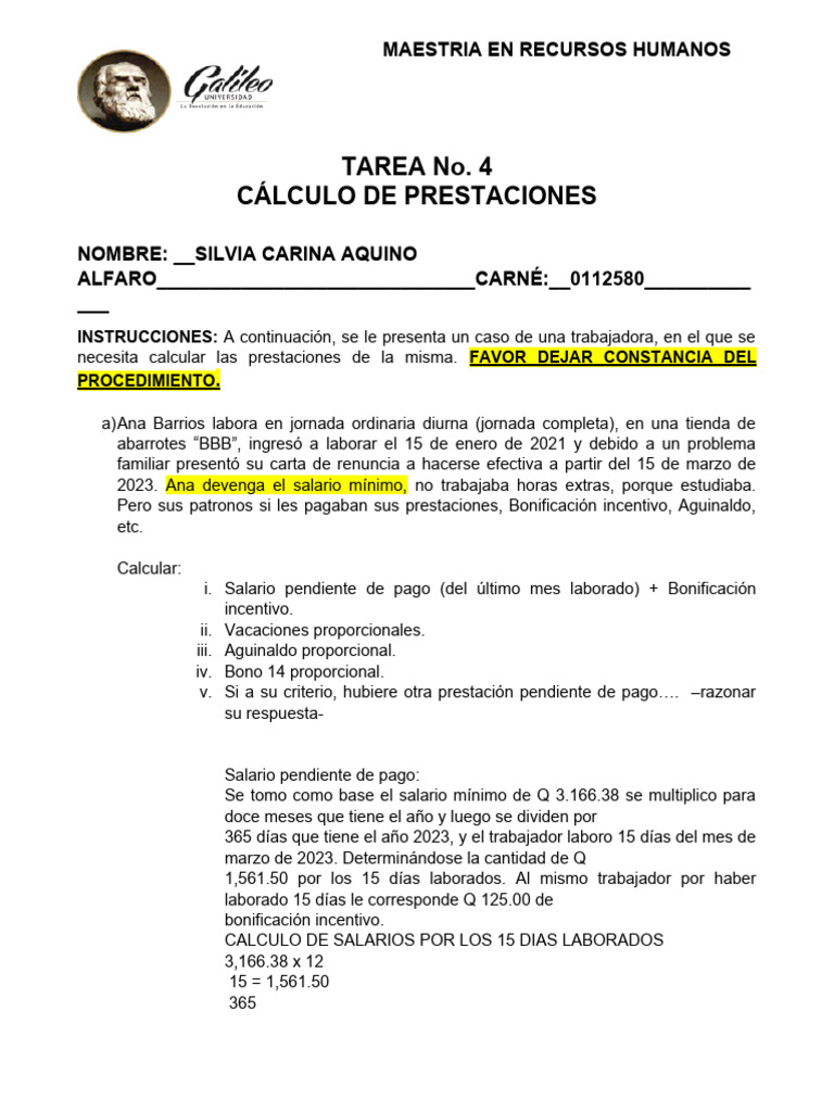 TAREA - 4 - C - Lculo - de - Prestaciones RESOLUCION | PDF | Salario | Salario mínimo