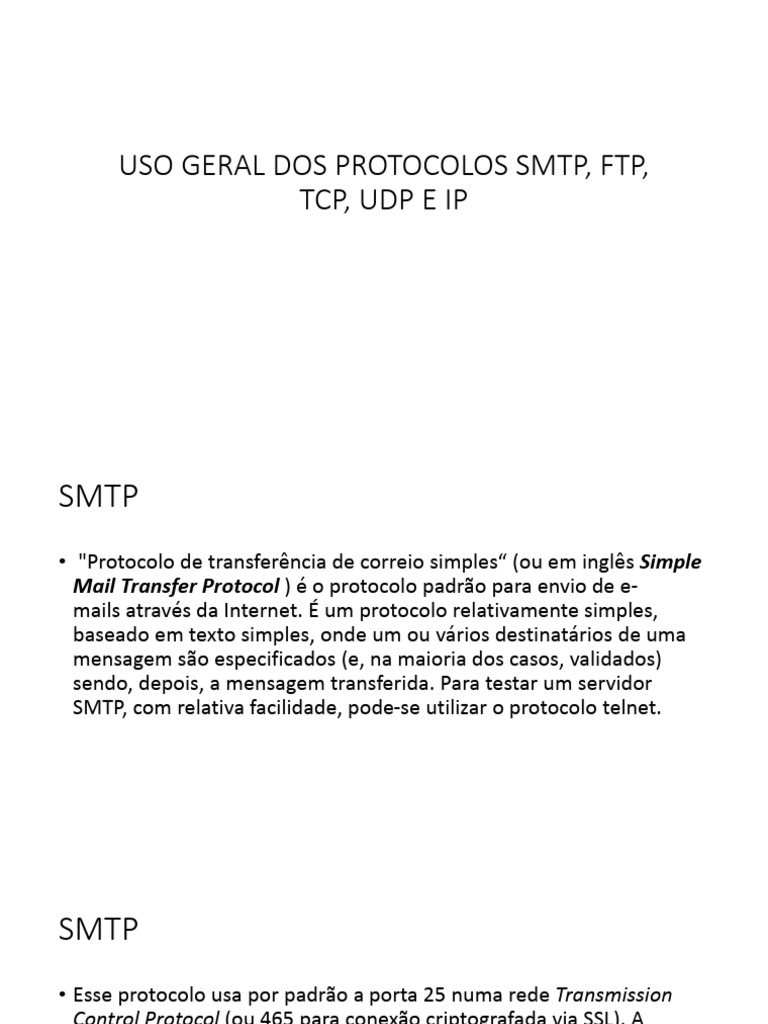 Uso Geral Dos Protocolos SMTP, FTP, TCP, Udp e Ip | PDF | Protocolo de transferência de arquivos ...