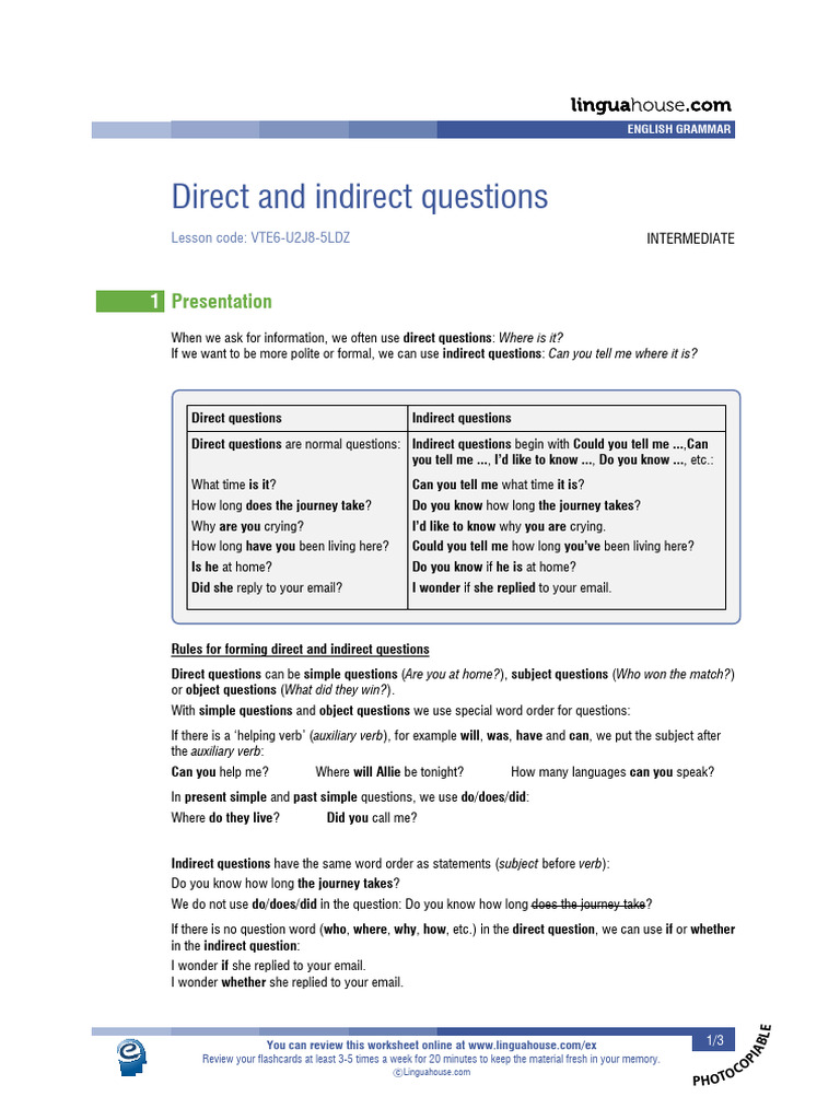 Direct and Indirect Questions | PDF | Question | Verb