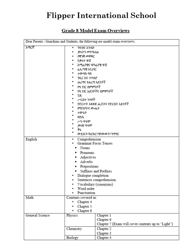 Grade 8 Model Exam Overviews | PDF | English Language | Language Families