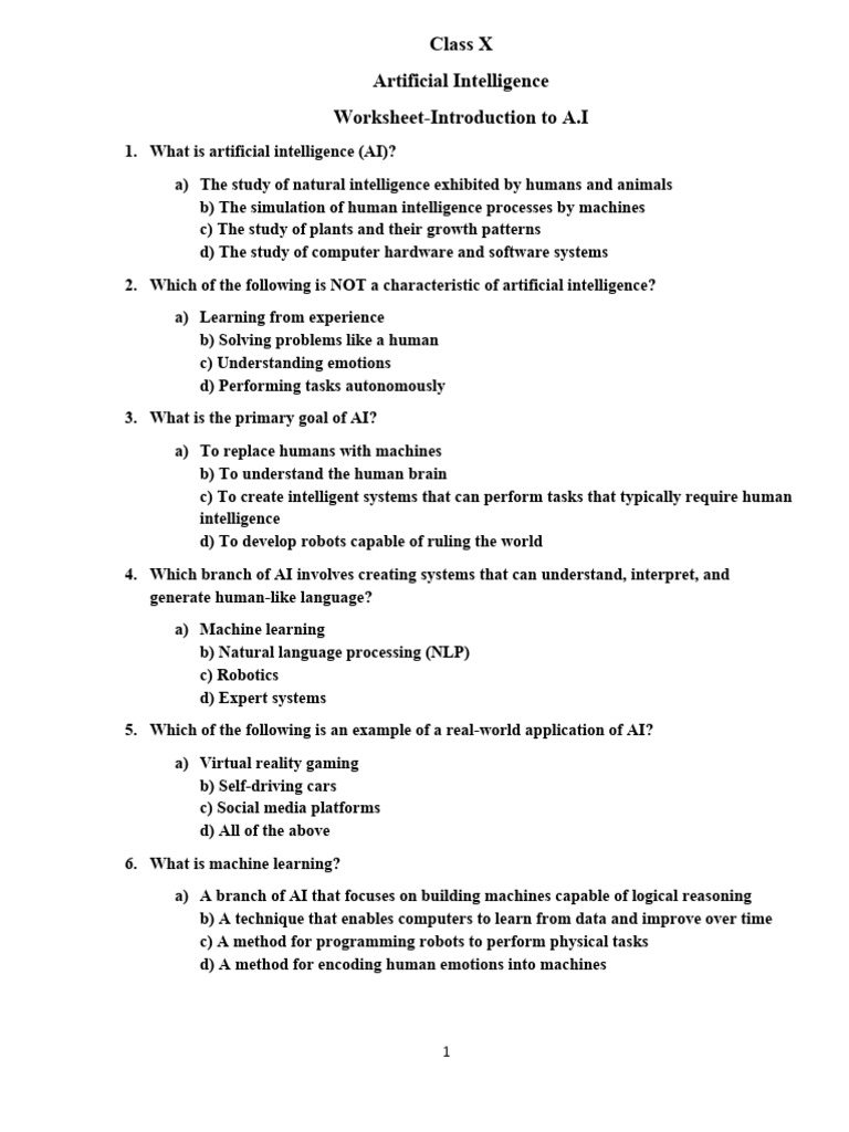 Class X-A.i-Worksheet-Introduction and Applications of A.I | PDF ...