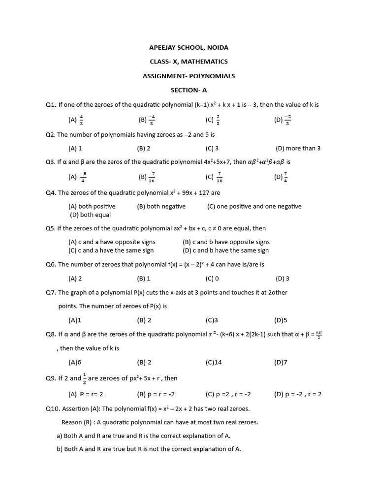 Assignment Polynomials Pdf Zero Of A Function Polynomial 
