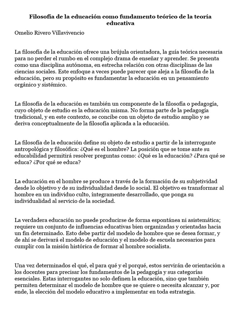 Filosofía de la Educación: Fundamentos | PDF | Plan de estudios | Pedagogía