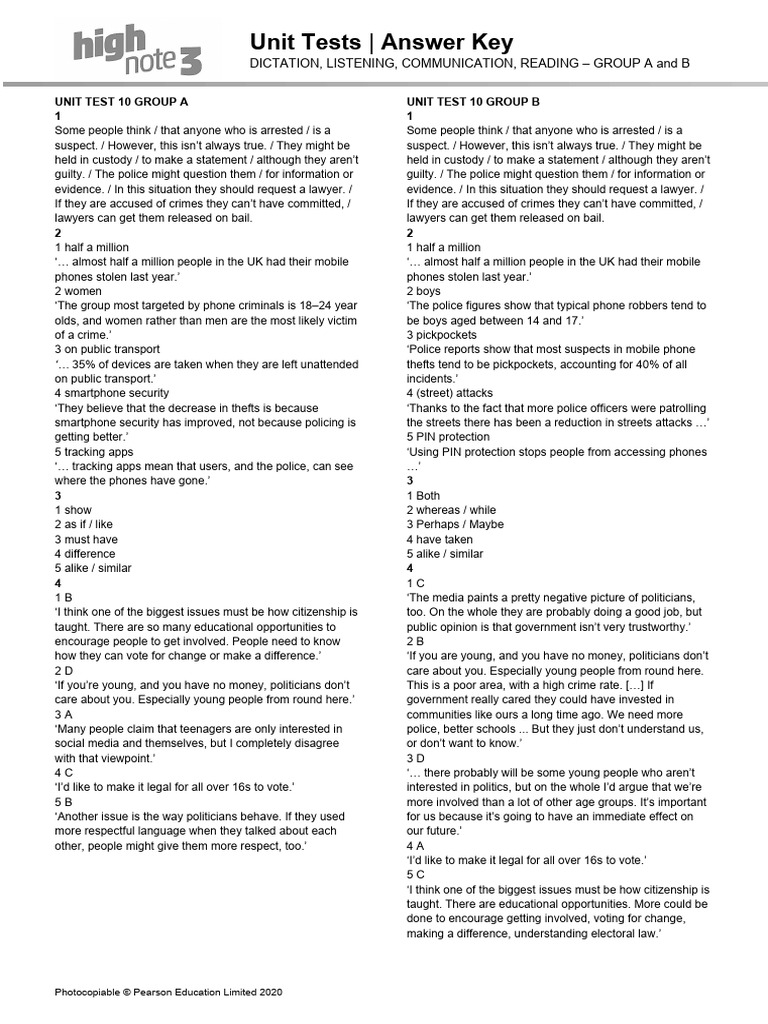 HighNote3_Unit_Skills_Test_Unit10_GroupA_B_ANSWERS | PDF | Arrest | Crimes