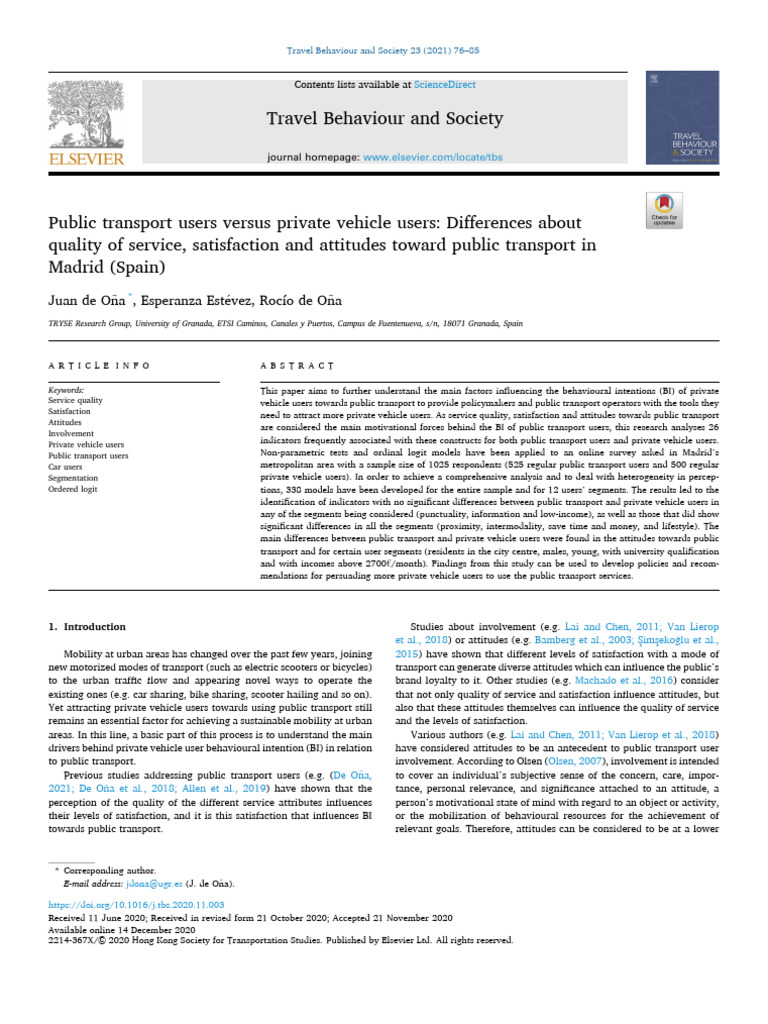Public Transport Users Versus Private Vehicle Users Differences About | PDF