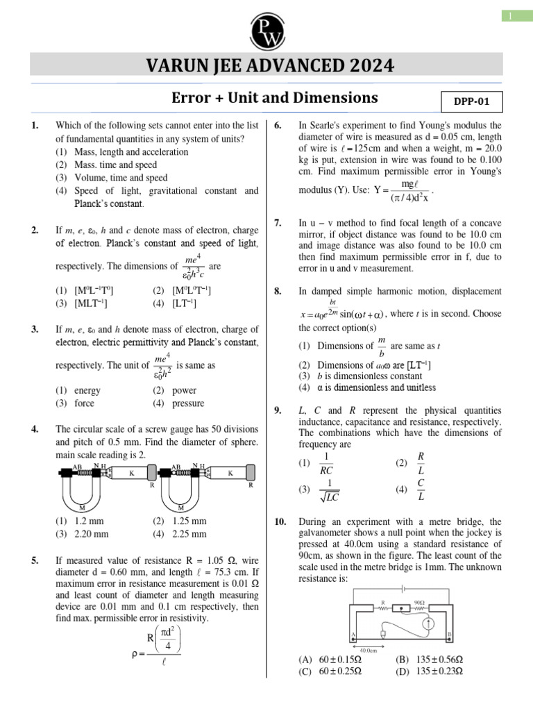 6641ac80a2b050001860f747 - ## - Error + Unit and Dimensions - DPP 01 - Varun JEE Advanced 2024 ...