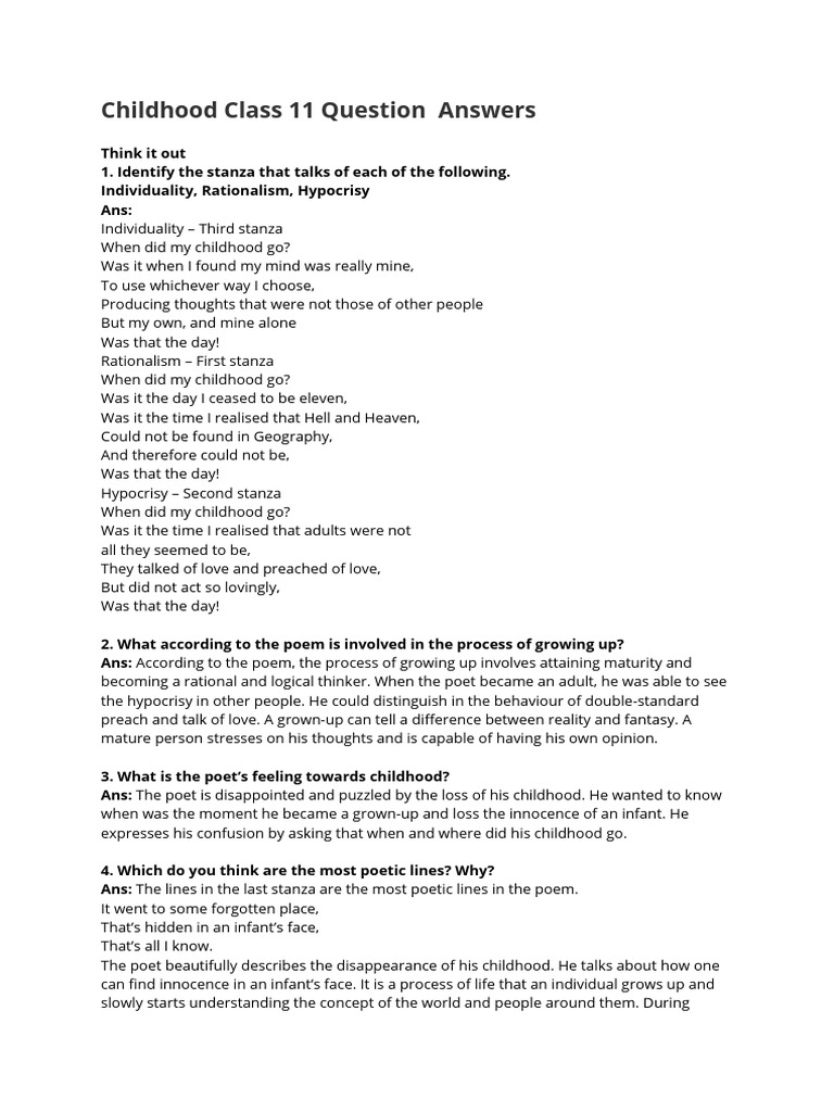 Class 11 Childhood Poem Q&A Guide | PDF