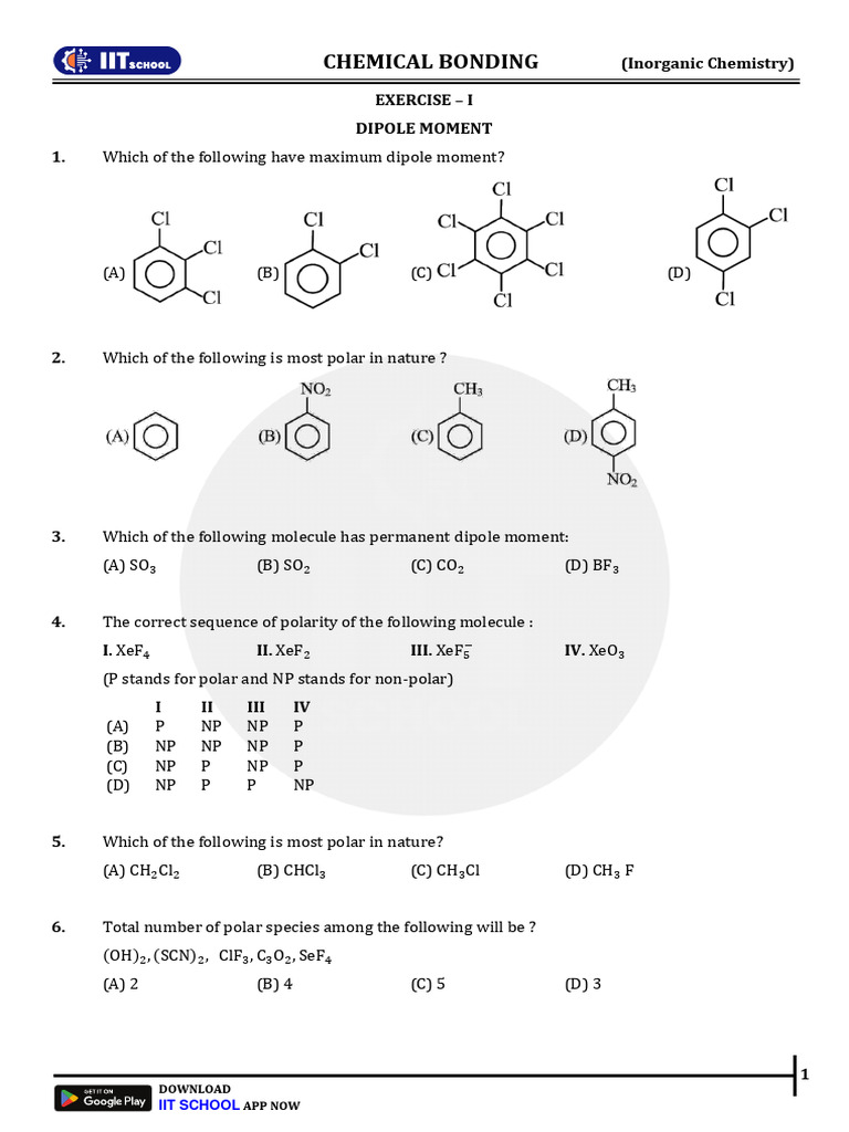 DPP - 01 - Chemical Bonding (Dipole Moment) | PDF | Chemical Polarity | Chemistry