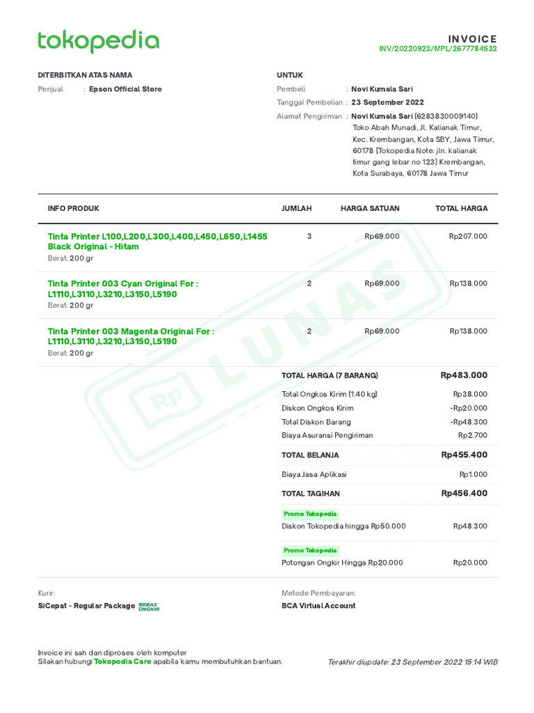 Invoice Pembelian Tinta Printer Epson | PDF