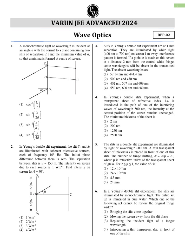 663878152cce930018a88e44 Wave Optics Dpp 02 Varun Jee Advanced 2024 Pdf