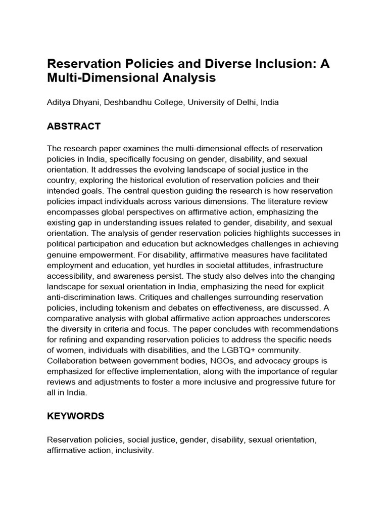 Reservation Policies and Diverse Inclusion - A Multi-Dimensional ...