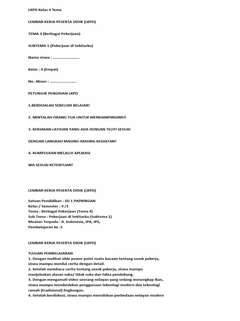 LKPD TEMA 4 (Berbagai Pekerjaan) | PDF