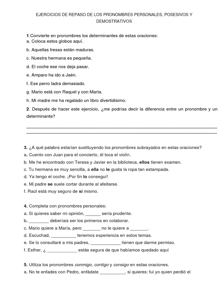 EJERCICIOS DE REPASO DE LOS PRONOMBRES PERSONALES, POSESIVOS Y ...