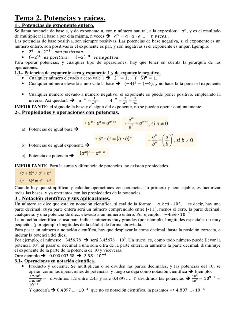 Tema 2. Esquema. Potencias y raíces. | PDF | Exponenciación | Números